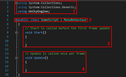 Structura implicită de script Unity c#