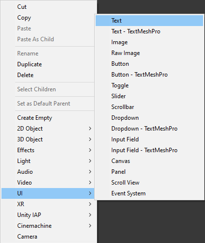 Unity creează un nou text pentru interfața de utilizare