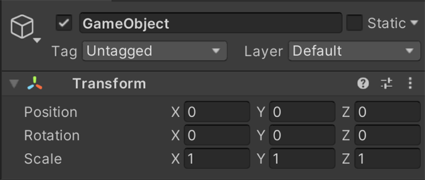 Componenta Unity Transform în vizualizarea inspector.