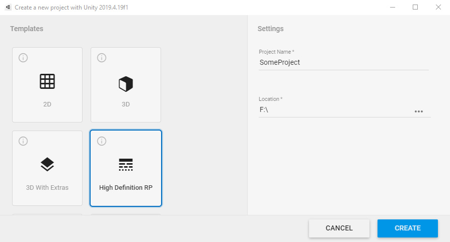 Fereastra creatorului de proiecte Unity Hub.
