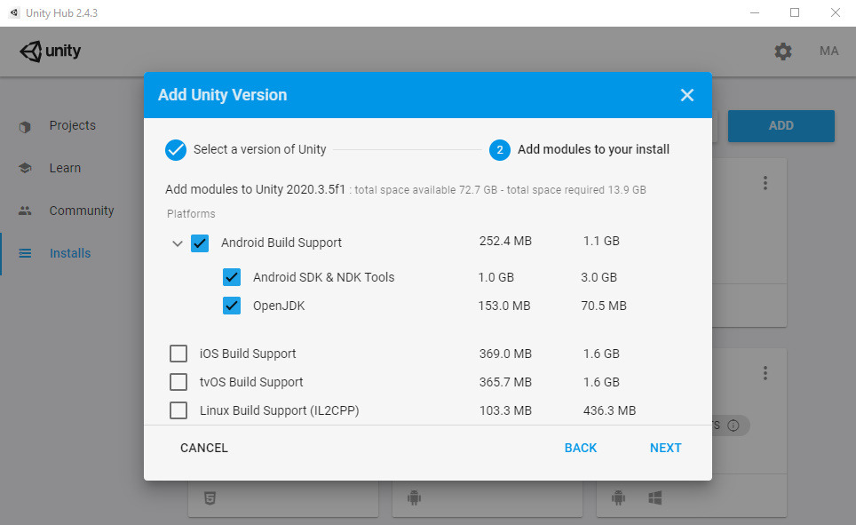 Selectarea modulelor de completare Unity Hub