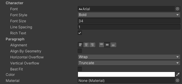 Unity Text Component Inspector Arial Bold Dimensiunea fontului 34
